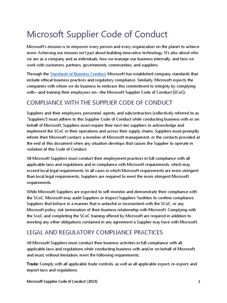 Microsoft Supplier Code of Conduct English | PDF | Employment | Indemnity