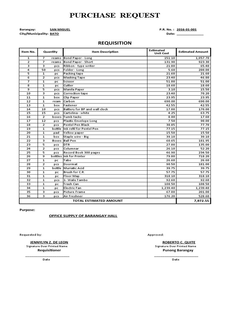 Barangay Office Supplies Purchase Request | PDF | Procurement | Office ...