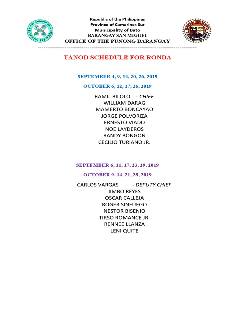 Tanod Schedule For Ronda | PDF