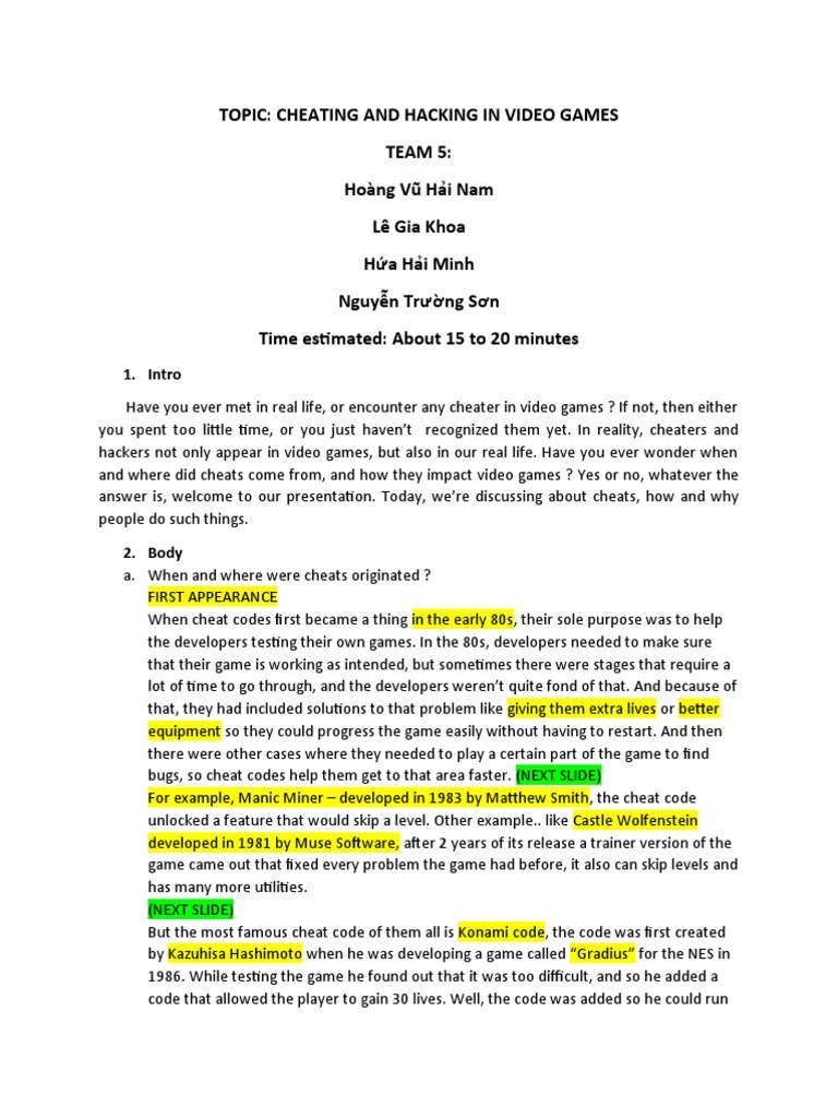 Topic: Cheating And Hacking In Video Games Team 5: Hoàng Vũ Hải Nam Lê Gia Khoa Hứa Hải Minh ...