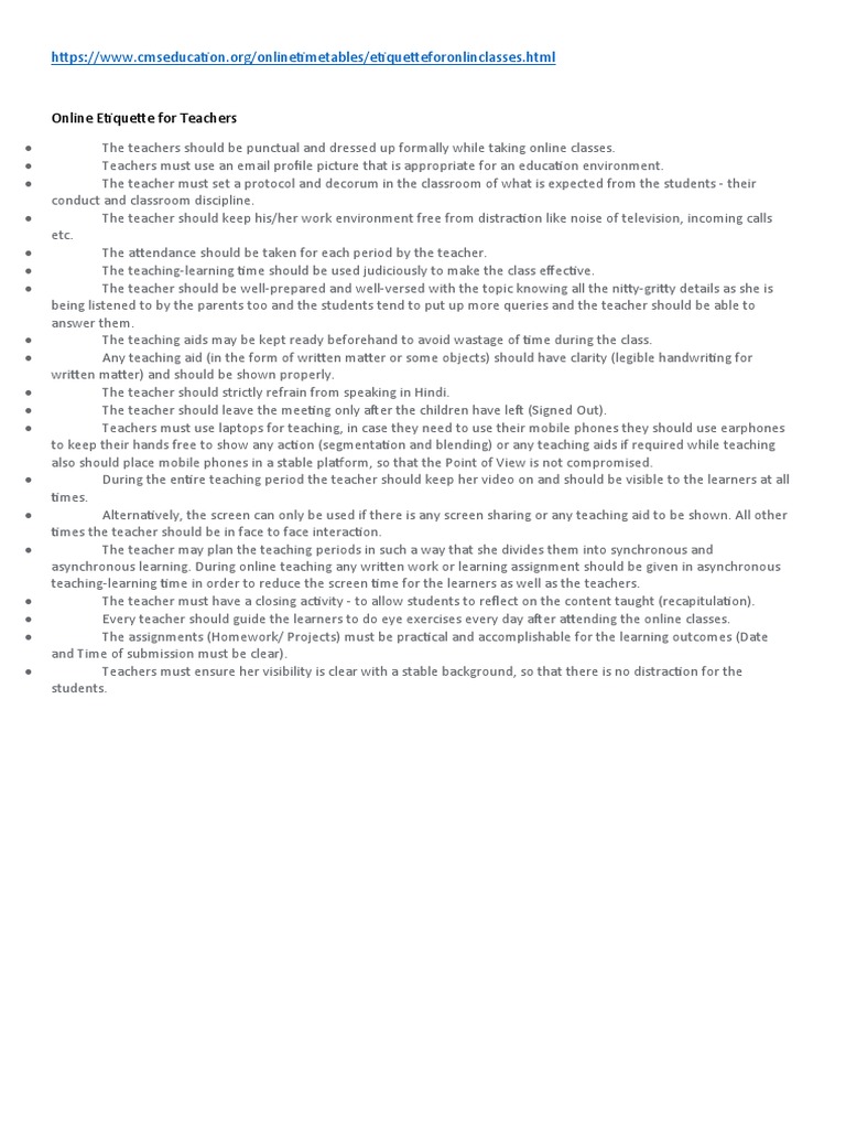 Online Class Etiquette For Teachers | PDF | Teachers | Educational ...