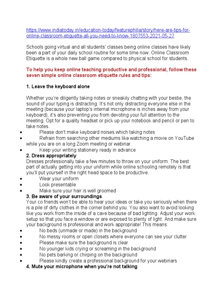 Online Classroom Etiquette for Students | PDF | Teachers | Classroom