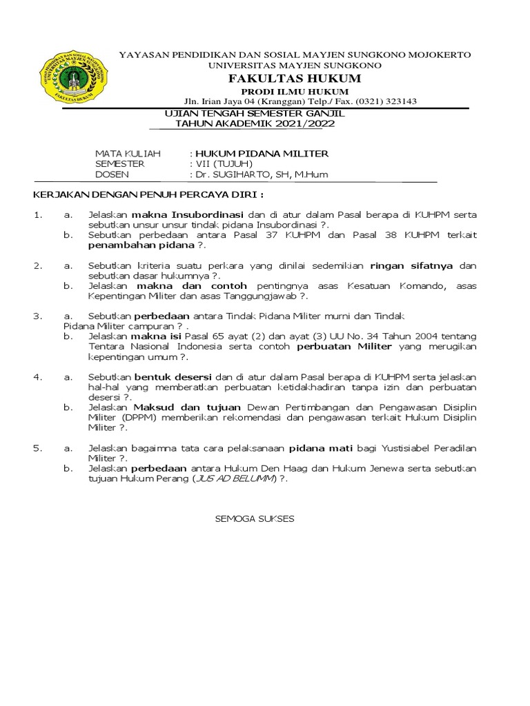 Hukum Pidana Militer: Ujian Tengah Semester | PDF | Ilmu Sosial