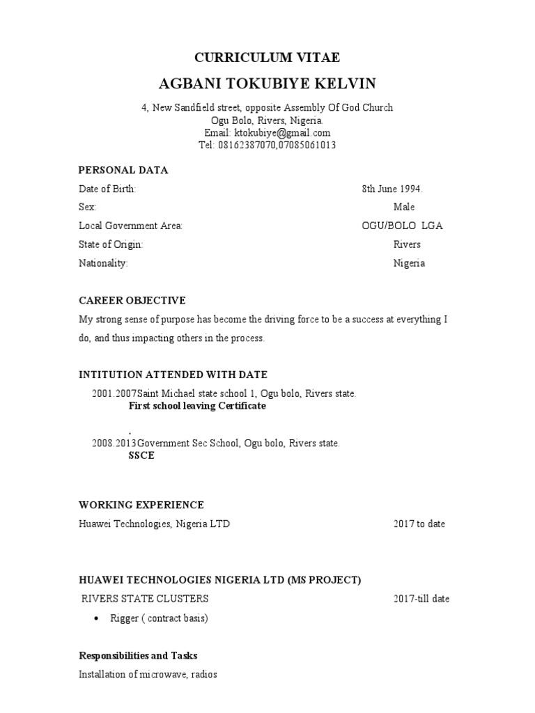 Agbani Tokubiye Kelvin: Curriculum Vitae | PDF