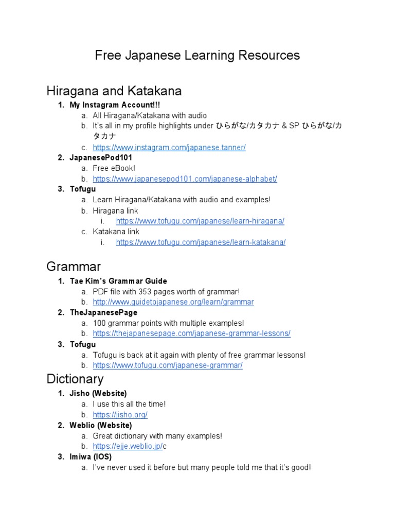 Free Resources for Learning Japanese | PDF | Japanese Language | Kanji