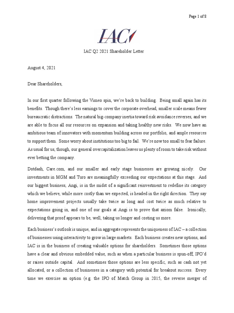 IAC Q2 2021 Shareholder Letter | PDF | Brand | Option (Finance)
