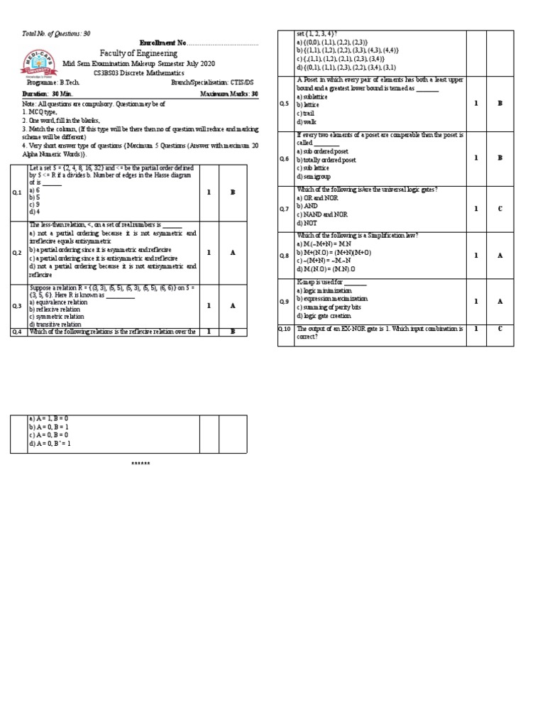 Discrete Mathematics MST Paper | PDF | Algebra | Mathematical Concepts
