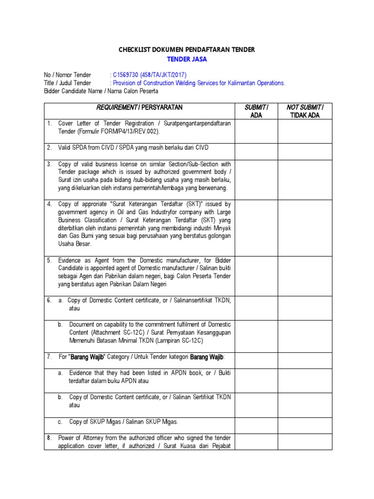 Checklist Tender Jasa Konstruksi | PDF | Pengelolaan Keuangan & Uang ...