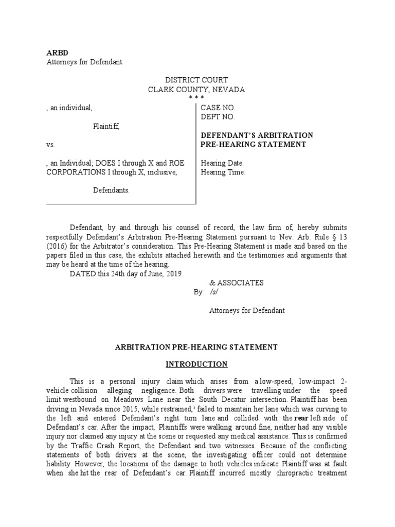 Nevada Arbitration Pre-Hearing Statement | PDF | Negligence | Burden Of ...