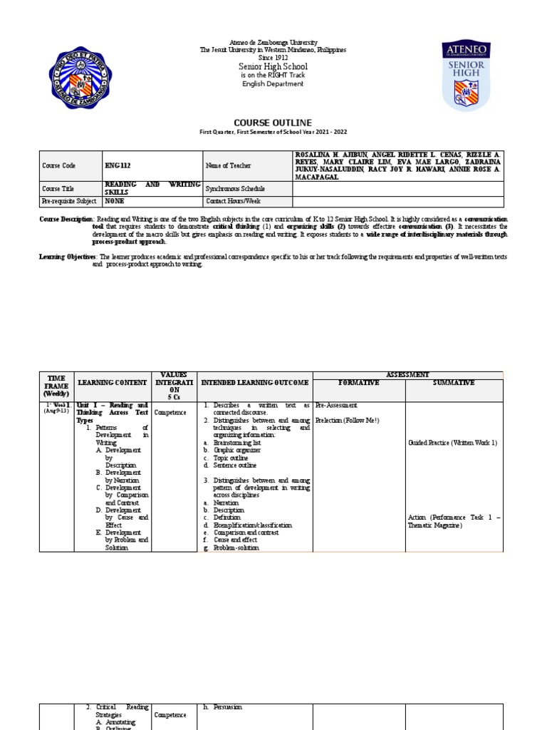 ENG 112 Course Outline: Reading & Writing | PDF | Thesis | Learning