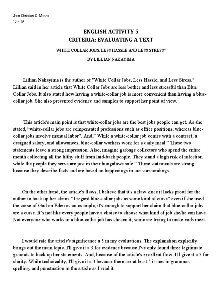 English Activity 5 Criteria: Evaluating A Text | PDF | Blue Collar ...