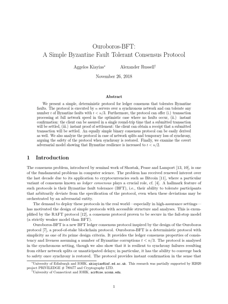Ouroboros-BFT: A Simple Byzantine Fault Tolerant Consensus Protocol | PDF | Computer Science ...