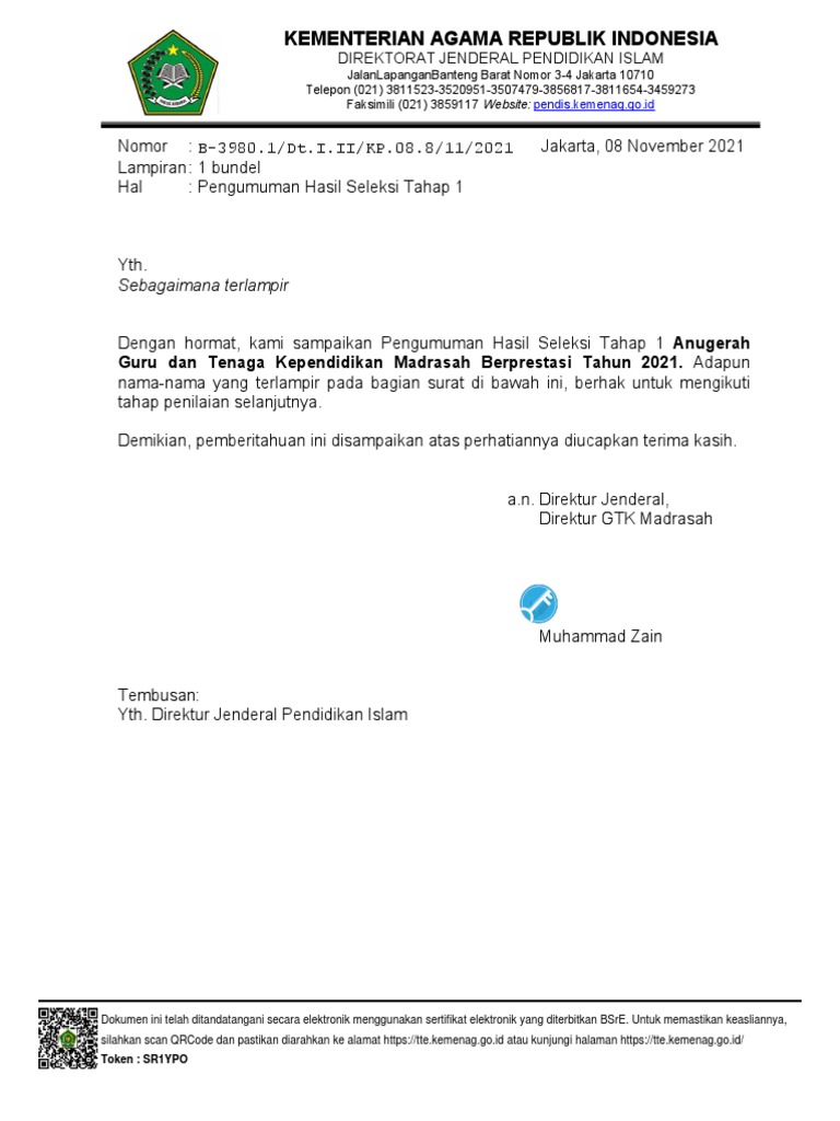 Surat Pengumuman Tahap 1 - Tte | PDF