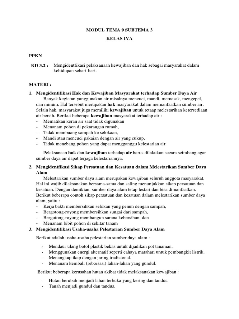 MODUL TEMA 9 SUBTEMA 1 Kelas IV | PDF
