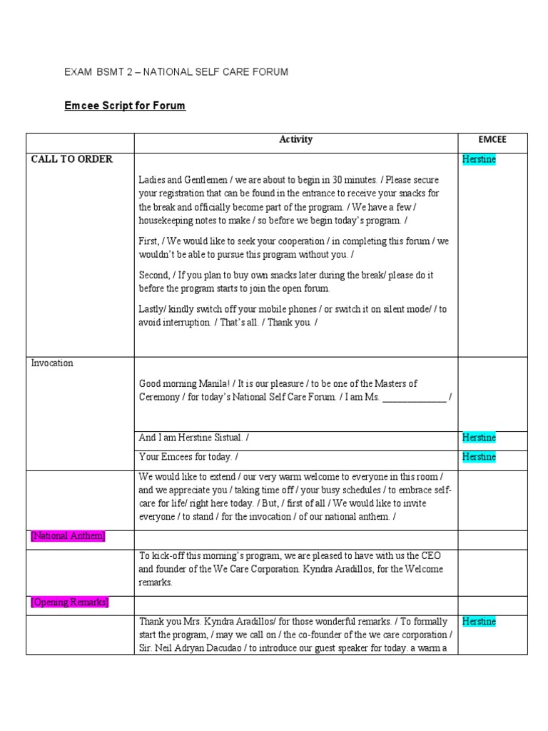 Emcee Script For Forum: Activity Emcee Call To Order | PDF