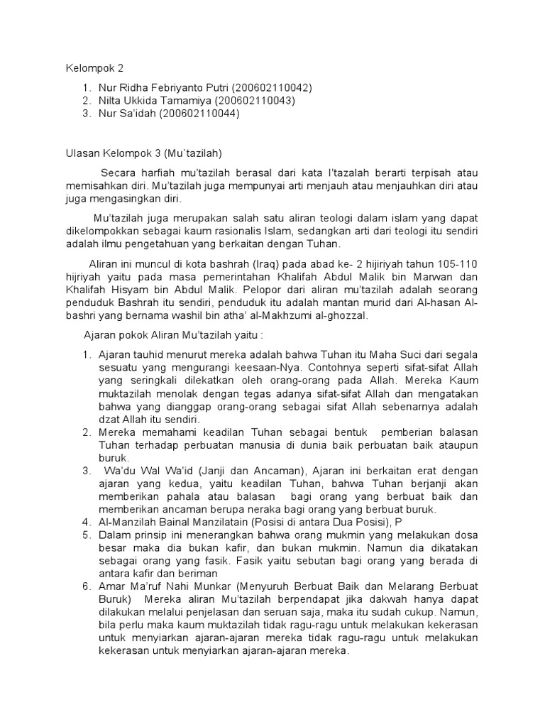 Ulasan Teosofi Kel 3 Mu'tazilah | PDF