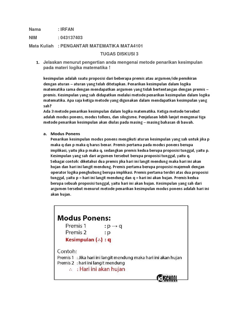 Diskusi 3 Pengantar Matematika Mata4101 Irfan 043137403 | PDF