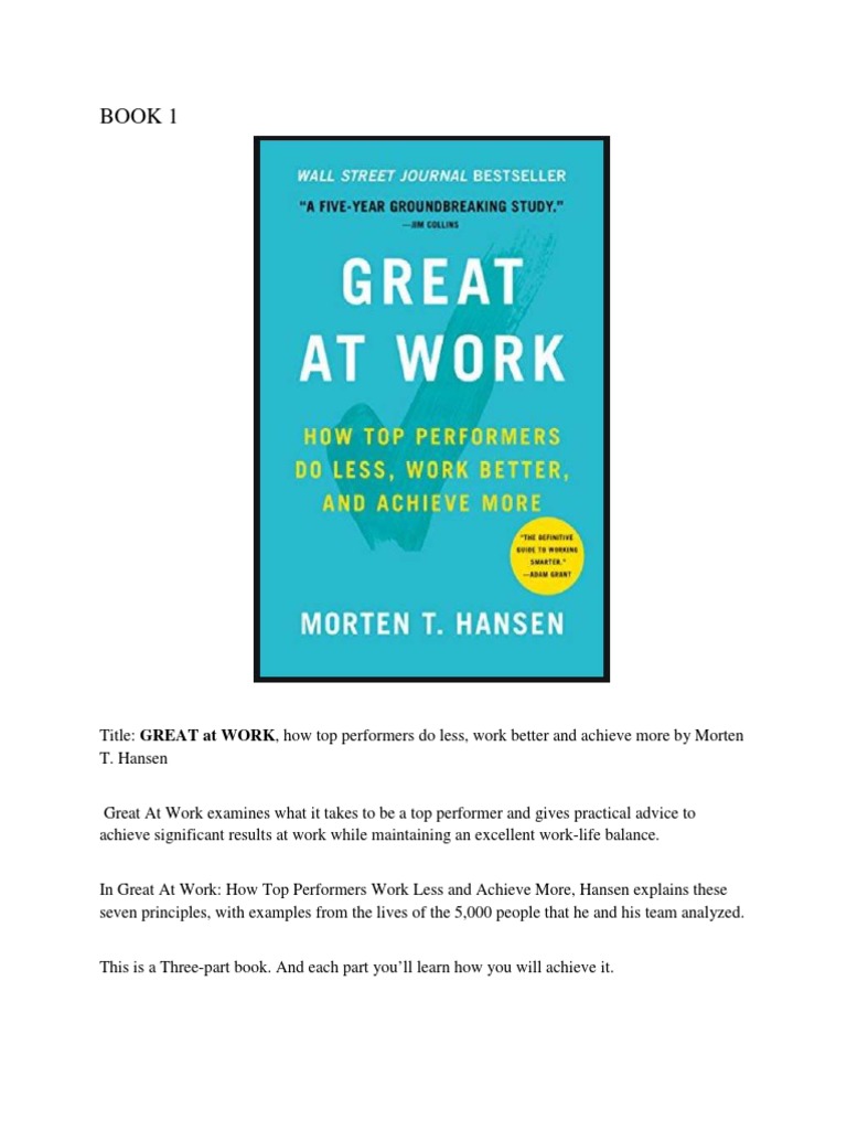 BOOK 1 - GREAT AT WORK by Morten T. Hansen | PDF | Emotions | Cognition