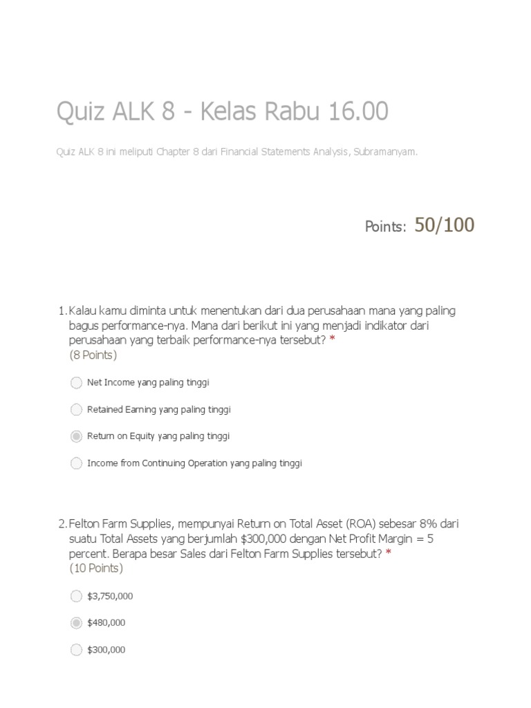Analisis Kinerja Keuangan: Quiz ALK 8 | PDF | Pengelolaan Keuangan & Uang | Bisnis