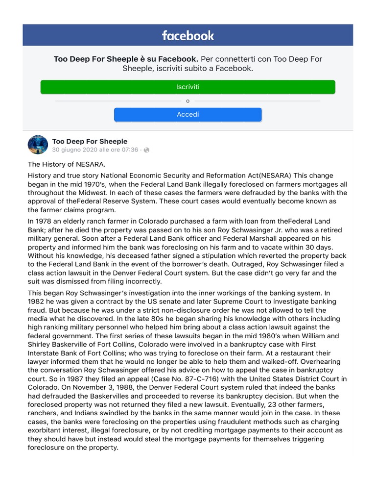 NESARA History and Too Deep For Sheeple Facebook | PDF | Foreclosure ...