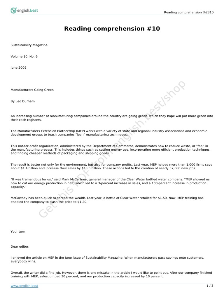 Reading Comprehension #10: WWW - English.best | PDF | Sustainability ...