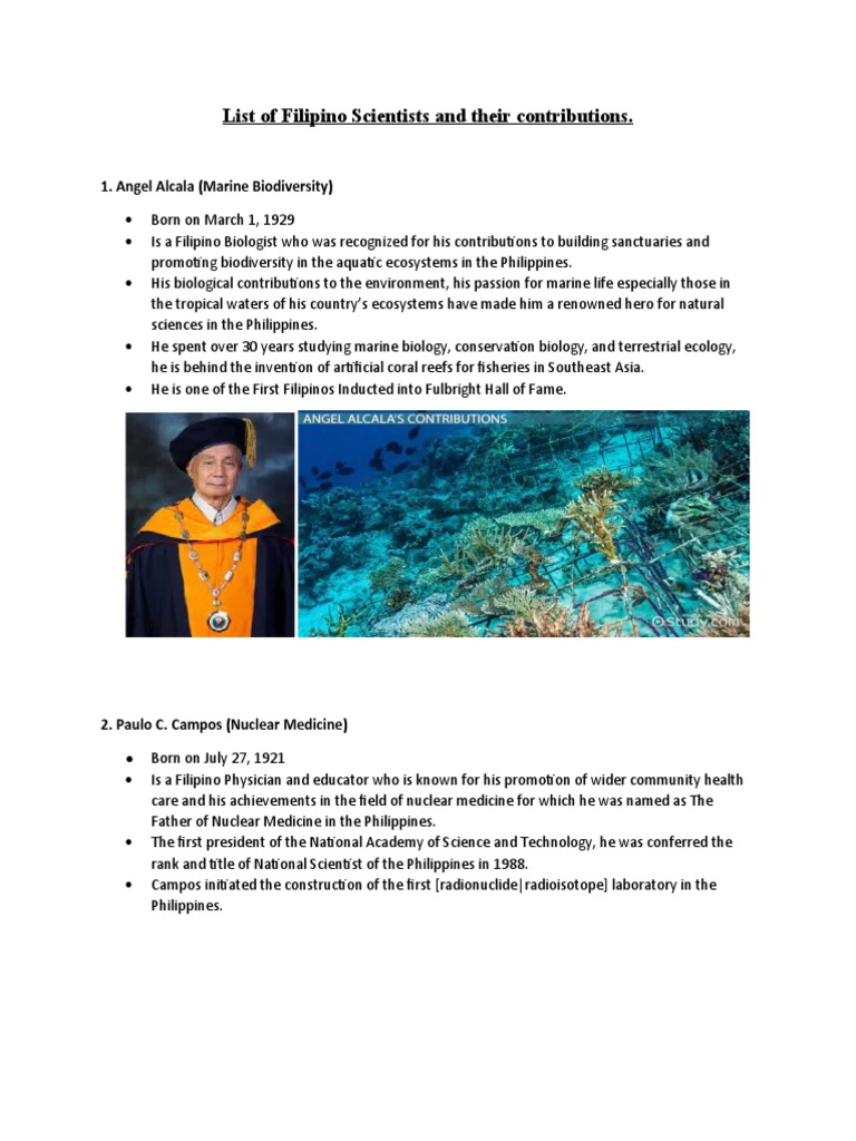 List of Filipino Scientists and Their Contributions.: 1. Angel Alcala ...