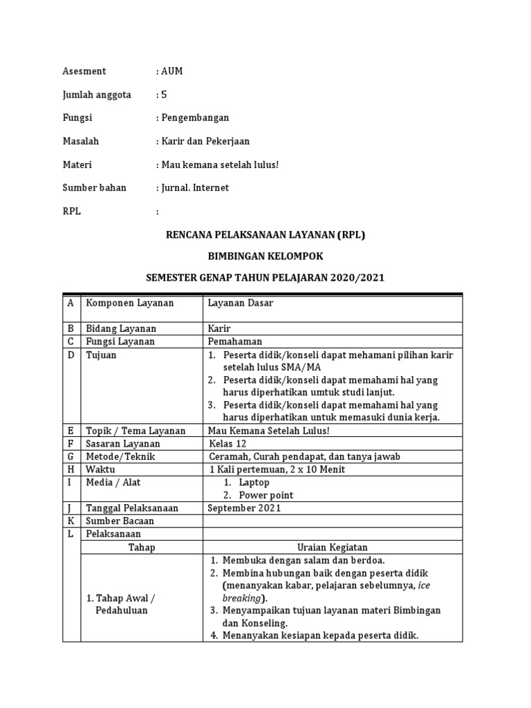 Rencana Pelaksanaan Layanan (RPL) Bimbingan Kelompok Semester Genap ...