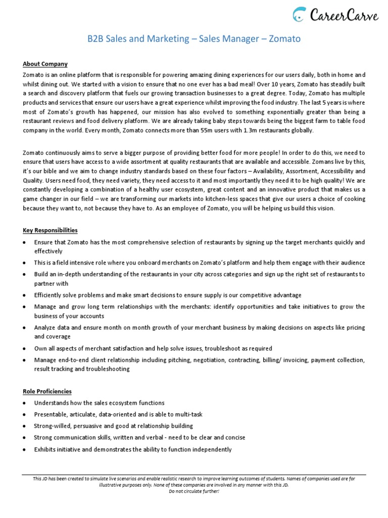 Zomato B2B Sales Manager Role Overview | PDF | Foods | Restaurants