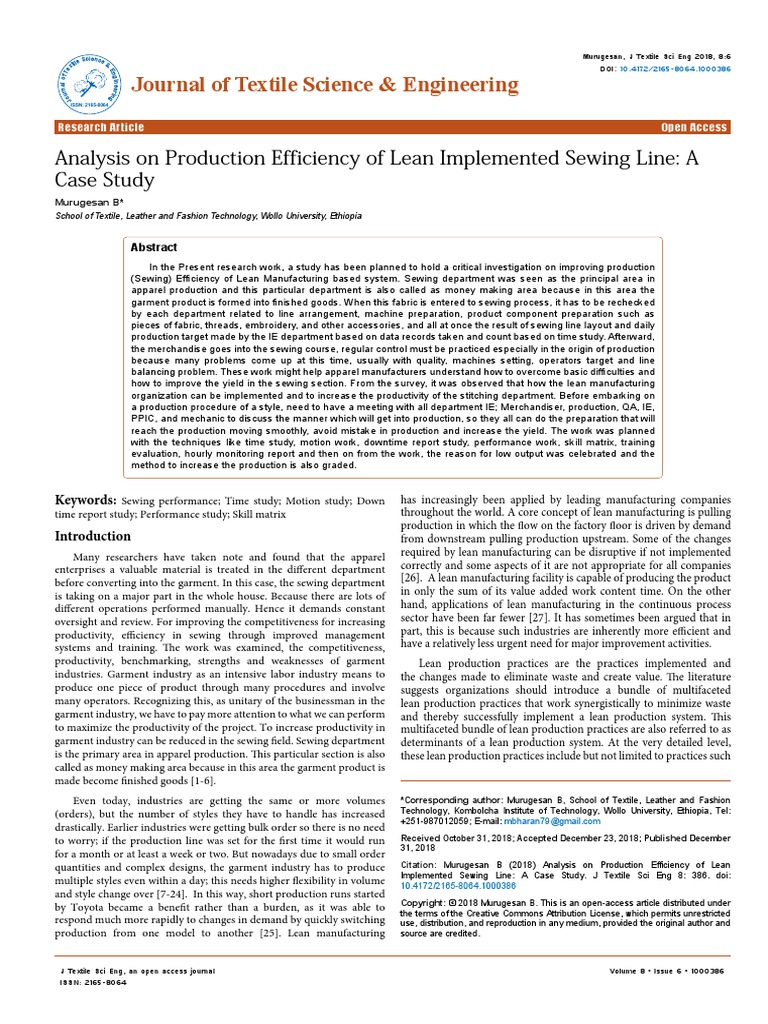 Analysis On Production Efficiency of Lean Implemented Sewing Line A ...