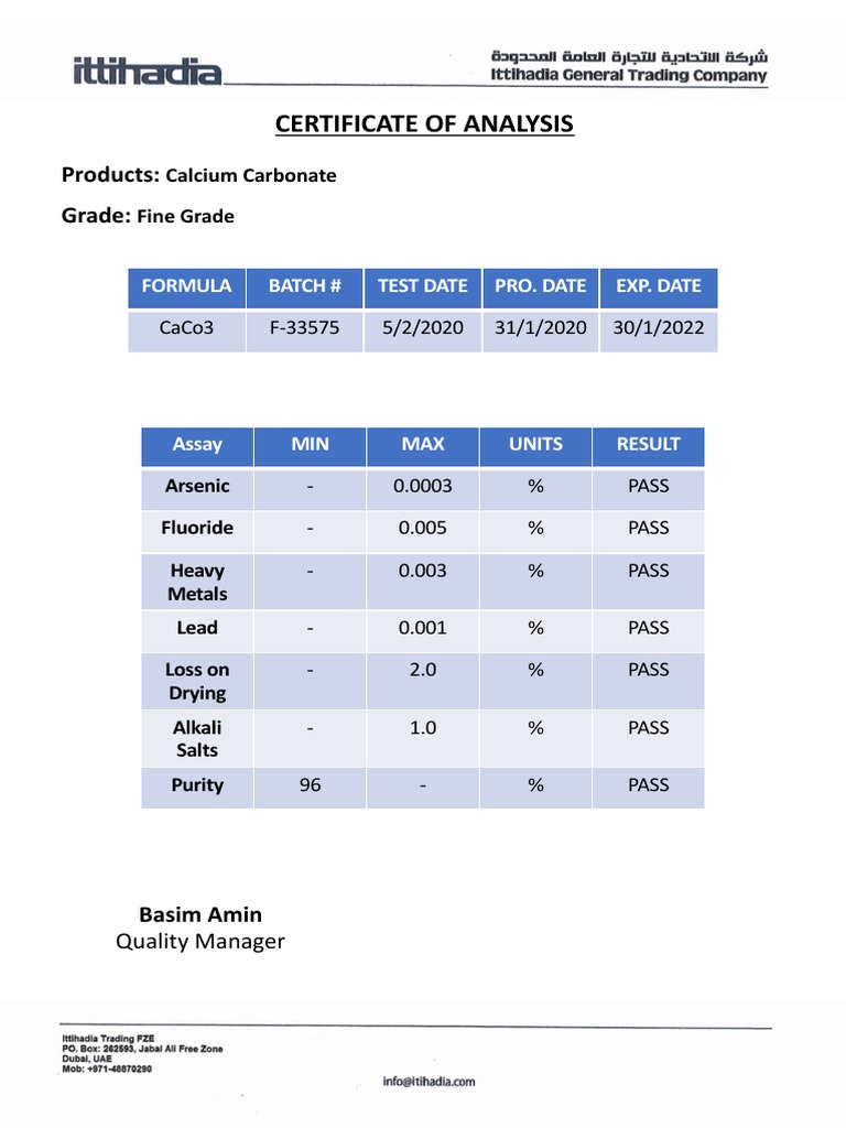 Certificate of Analysis: Products: Grade | PDF