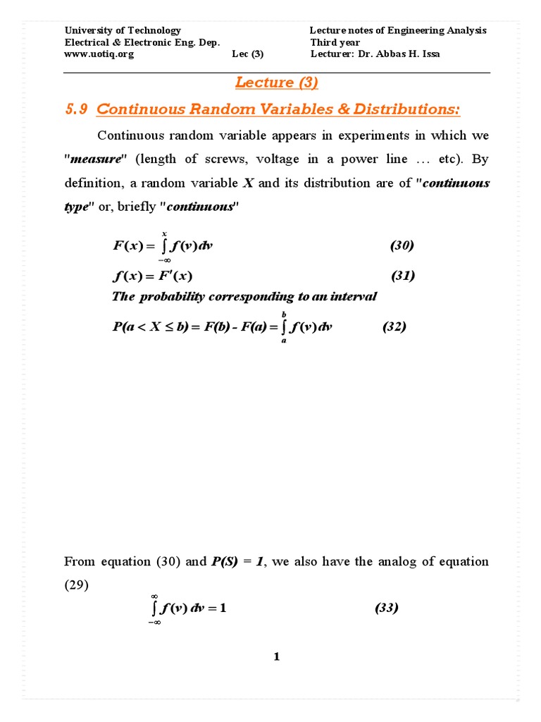 Lecture (3) 5.9 Continuous Random Variables & Distributions | PDF ...