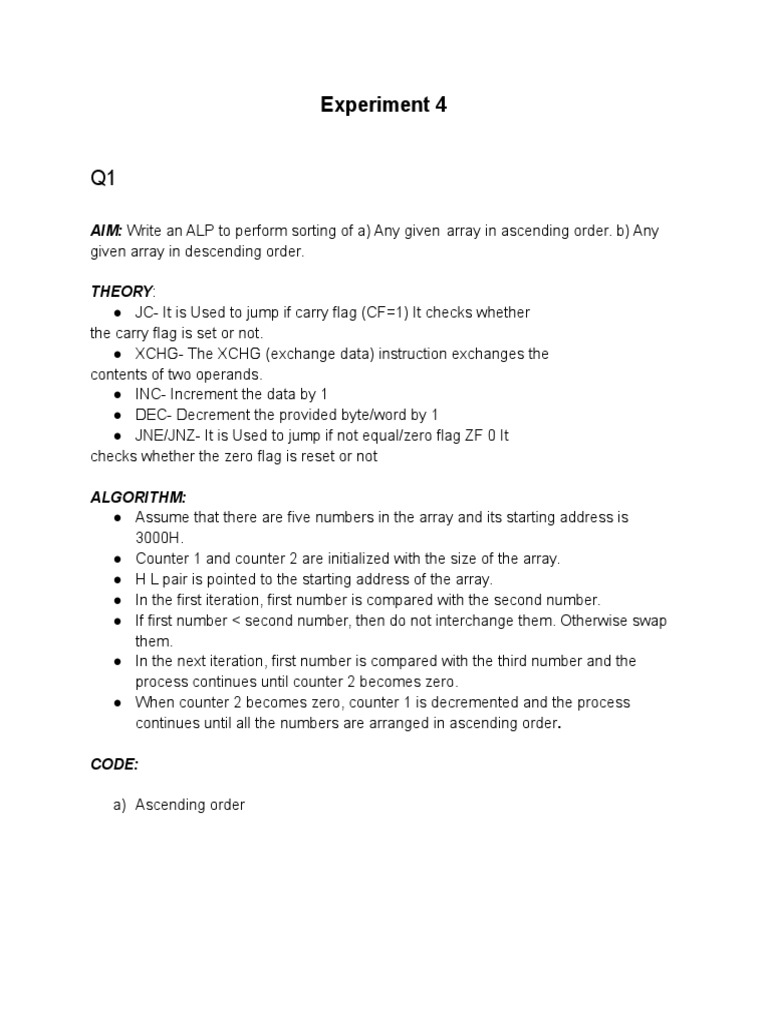 Experiment 4 Aim Write An Alp To Perform Sorting Of A Any Given Array In Ascending Order B