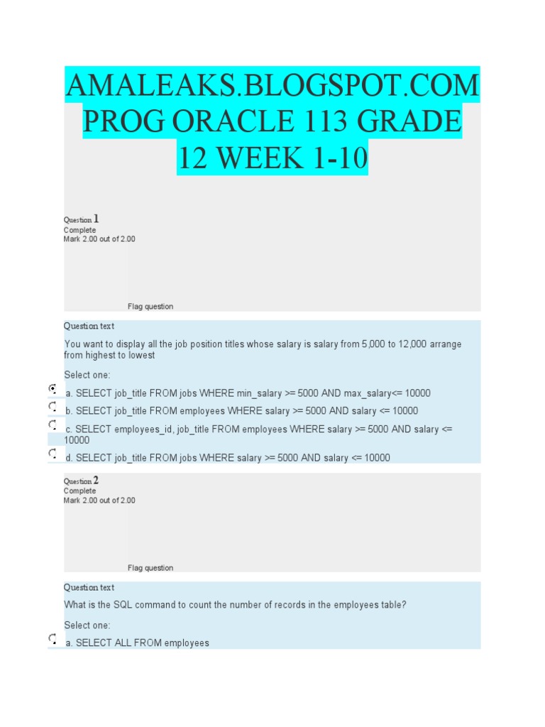 Prog Oracle 113 Grade 12 WEEK 1-10: Complete Mark 2.00 Out of 2.00 ...