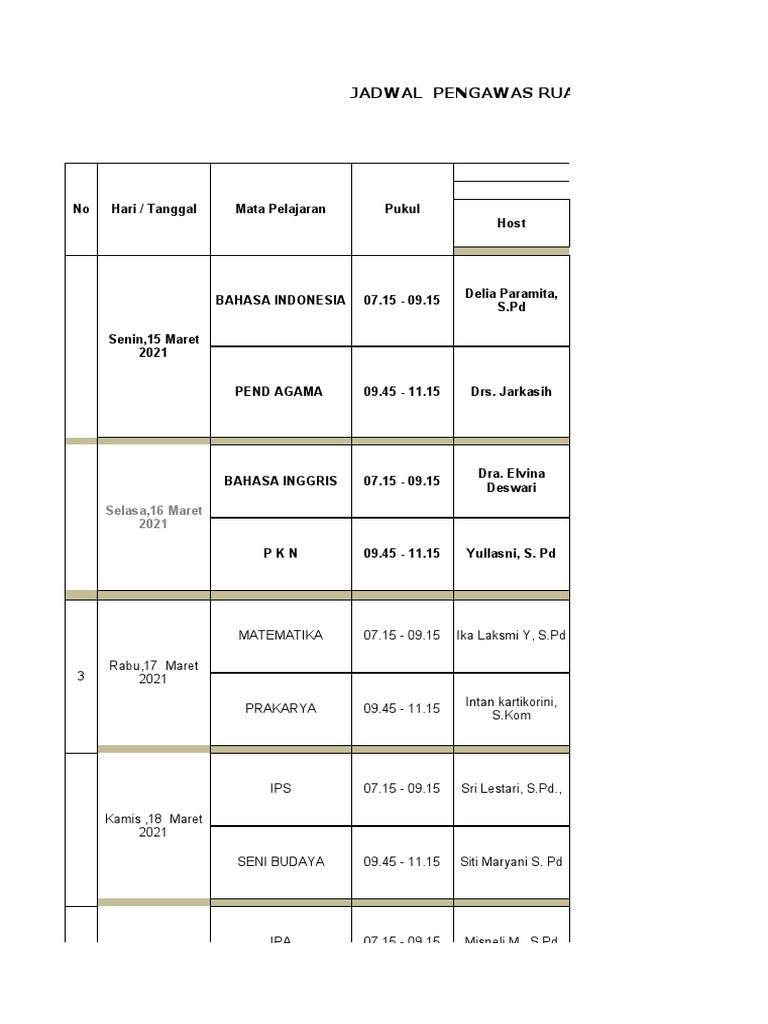 Jadwal Pengawas PTS & PAS Genap 2021 | PDF