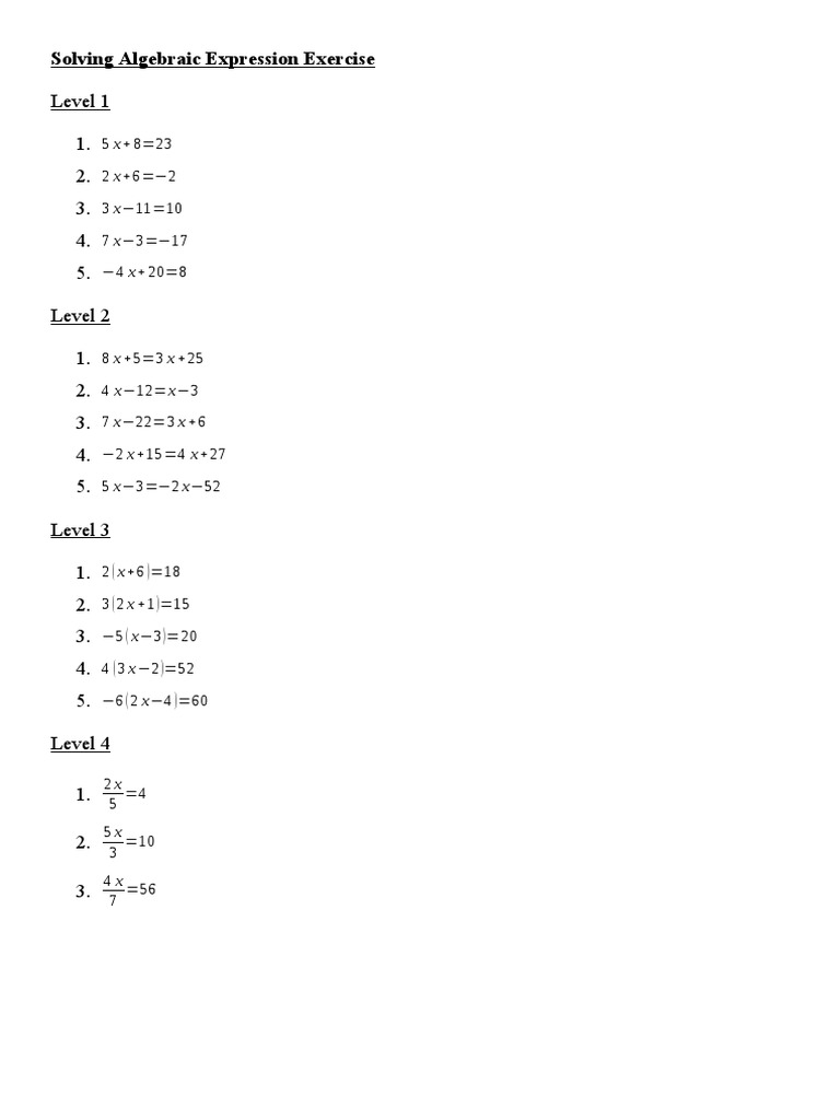 Solving Algebraic Expression Exercise | PDF