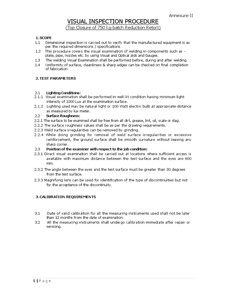 Visual Inspection Procedure: Annexure-II (Top Closure of 750 KG Batch Reduction Retort) | PDF ...