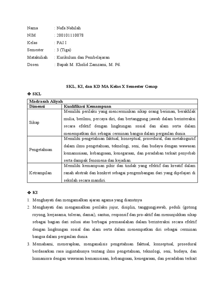 SKL, KI, Dan KD MA Kelas X Semester Genap | PDF | Sains & Matematika