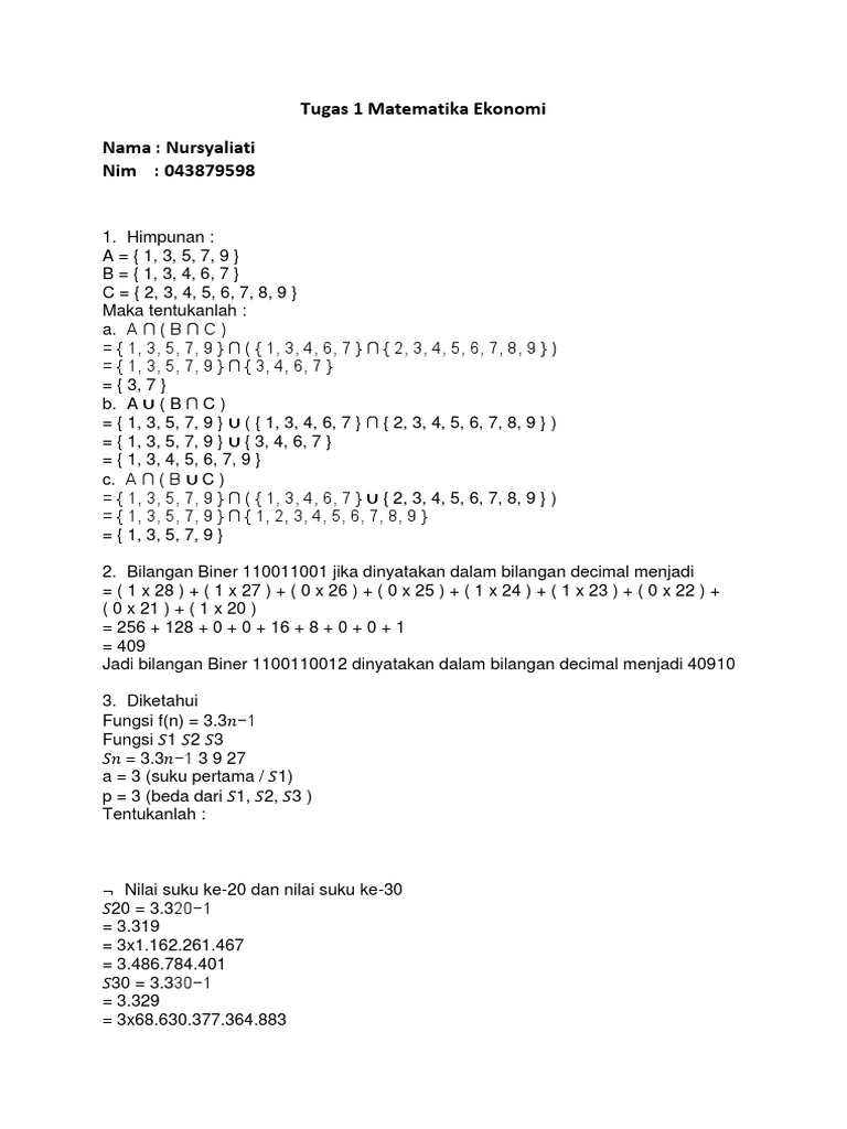 Tugas 1 Matematika Ekonomi | PDF