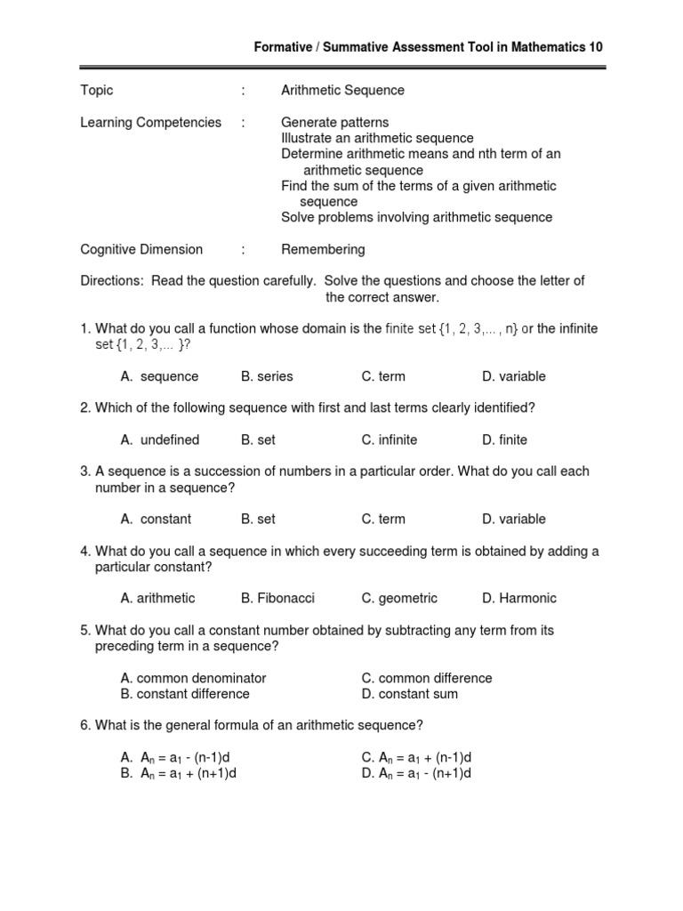 Formative Summative - Assessment Tool in Math 10 - Arithmetic Sequence ...