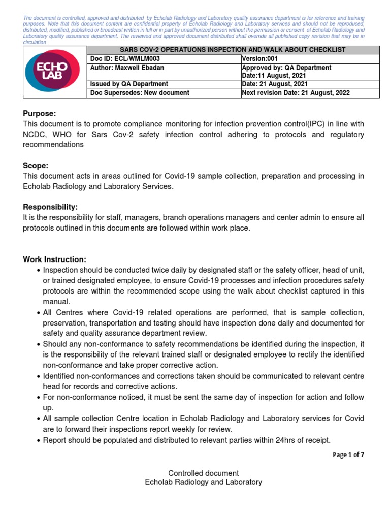 Covid 19 Inspection Checklist For Echolab Radiology and Laboratory ...
