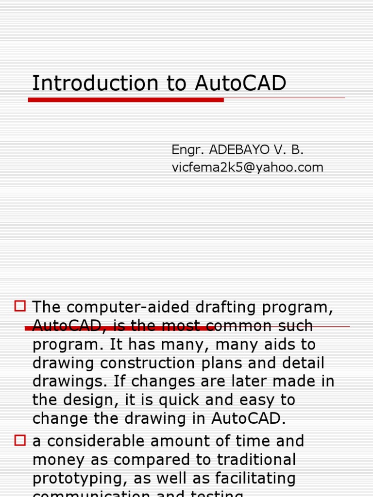Introduction To Autocad: Engr. Adebayo V. B | PDF | Stairs | Auto Cad
