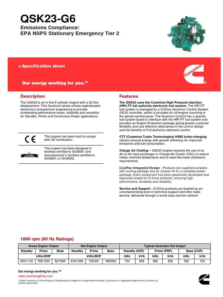 QSK23-G6: Emissions Compliance: EPA NSPS Stationary Emergency Tier 2 ...