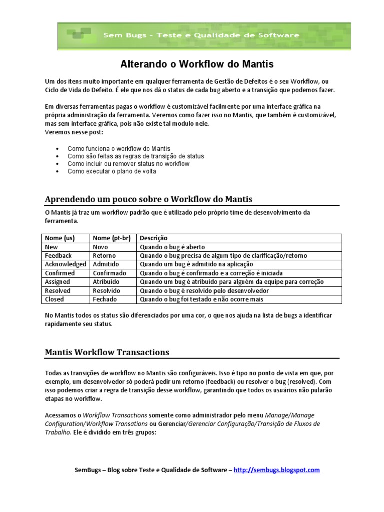 Alteração Do Workflow Do Mantis | PDF | Fluxo de trabalho | Bancos de dados