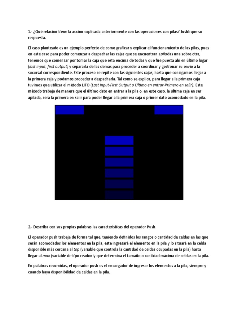 Funcionamiento y Ejemplos de Pilas en Programación | PDF | Algoritmos | Informática