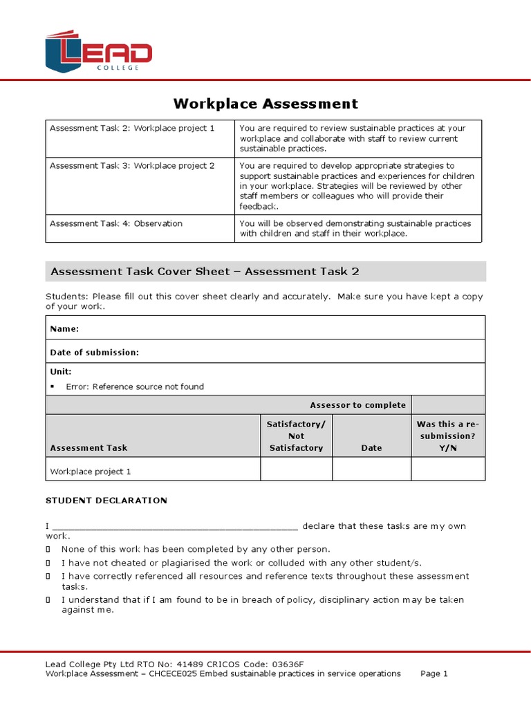 CHCECE025 - Workplace Assessment | PDF | Policy | Sustainability
