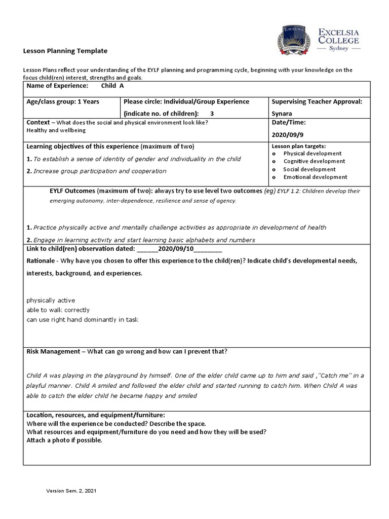 EDEC 105 AT2 Lesson Template 2021 | PDF | Relationships | Child Development