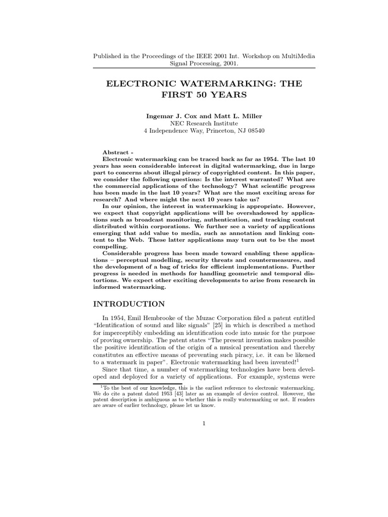 Cox Miller - Electronic Watermarking The First 50 years-IEEE (2001) | PDF | Data Compression ...