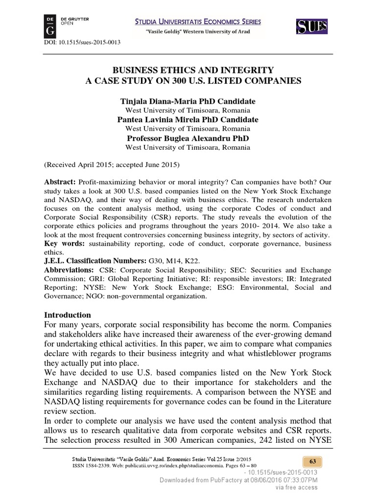 Business Ethics and Integrity A Case Study On 300 | PDF | Business ...