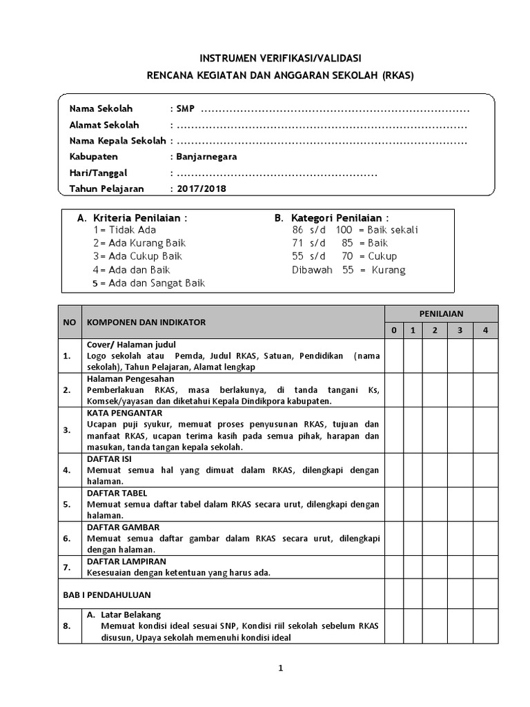 Instrumen Verifikasi Rkas SMP 2017-2018 | PDF