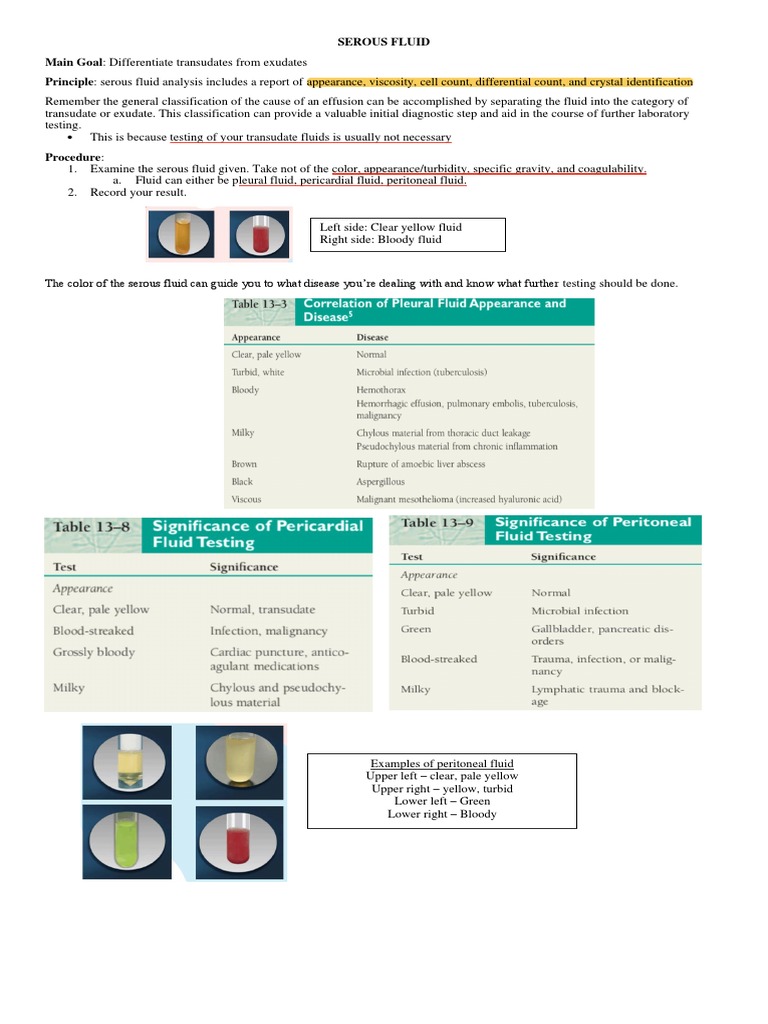 Serous Fluid Analysis and Differentiation | PDF | Medical Specialties ...